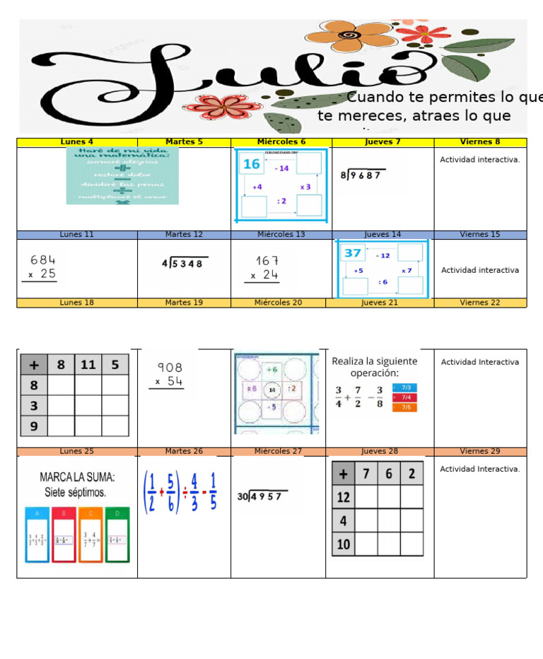 Calendario Matemático Julio | PDF