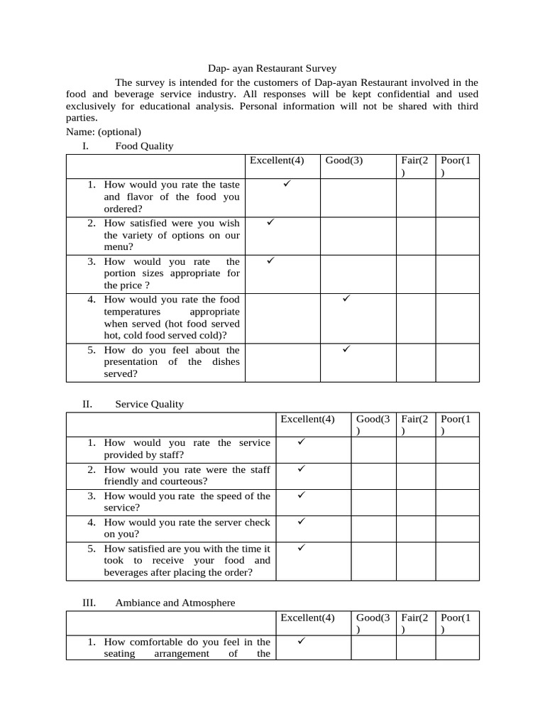 Survey form | PDF | Restaurants | Food Industry