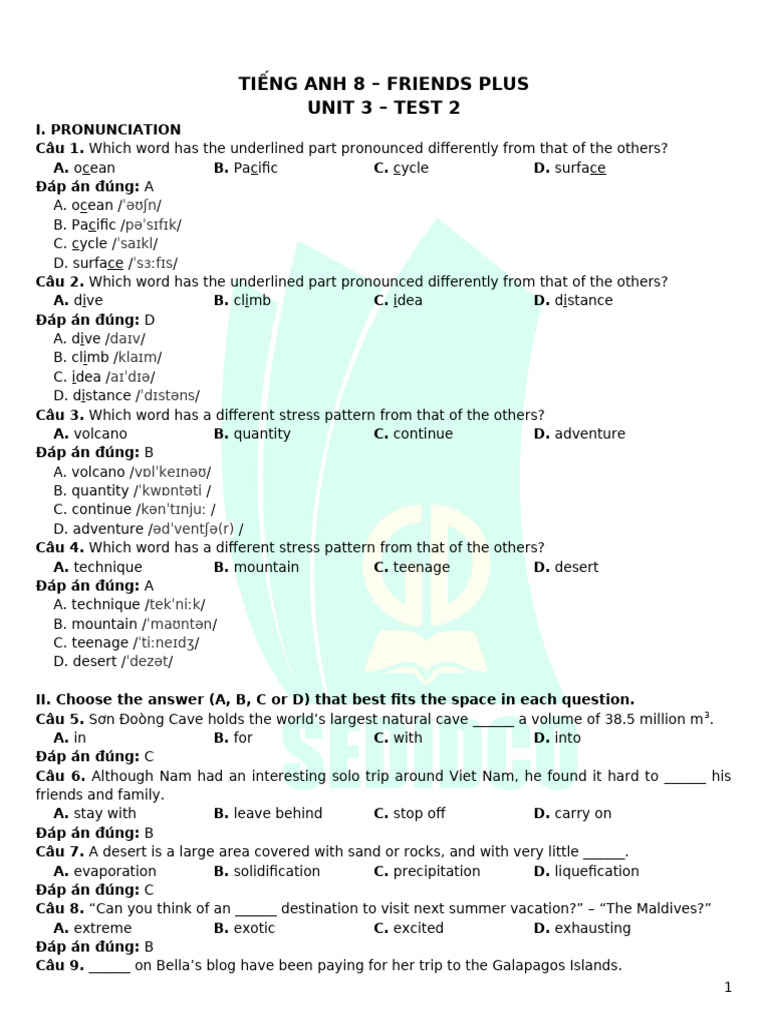 Tieng Anh 8 Friends Plus - Unit 3 - Test 2 (Key) | PDF | Language Arts ...