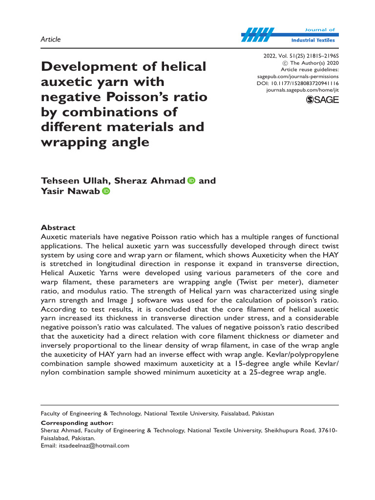 Development of Helical Auxetic Yarn With Negative | PDF | Textiles ...