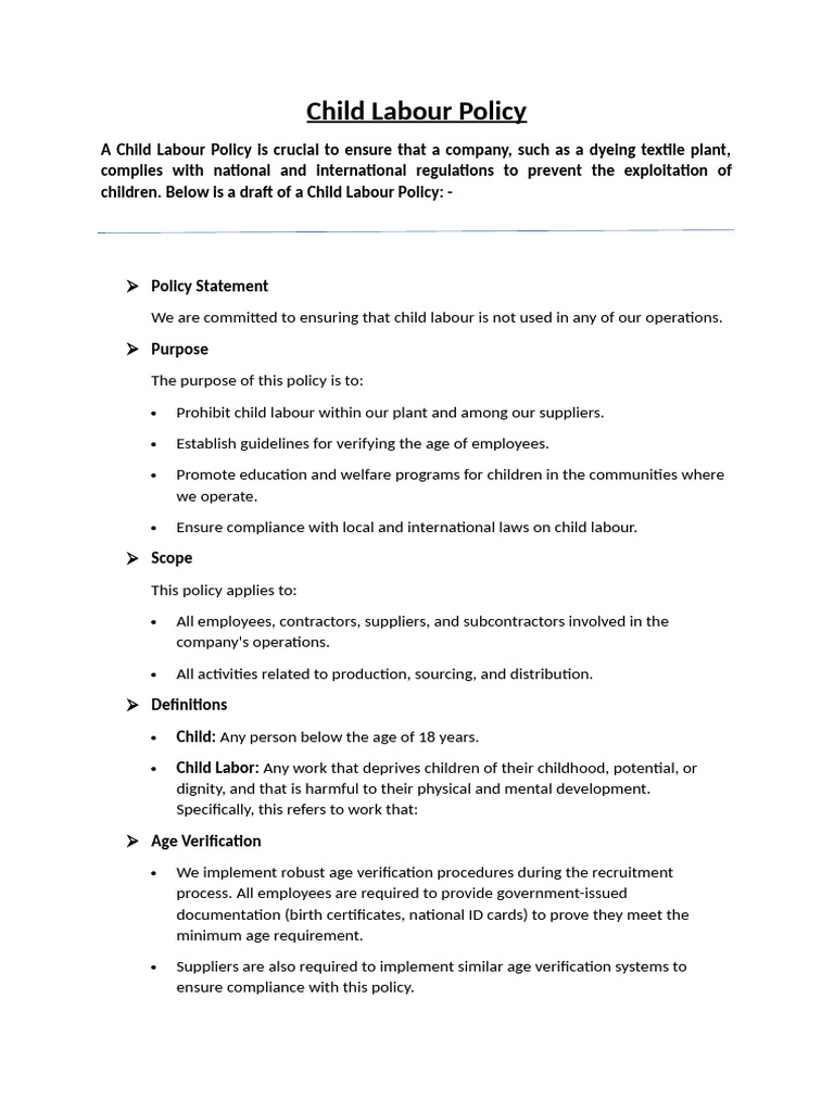 Child Labour Policy for Dyeing Textile Plant | PDF | Child Labour ...