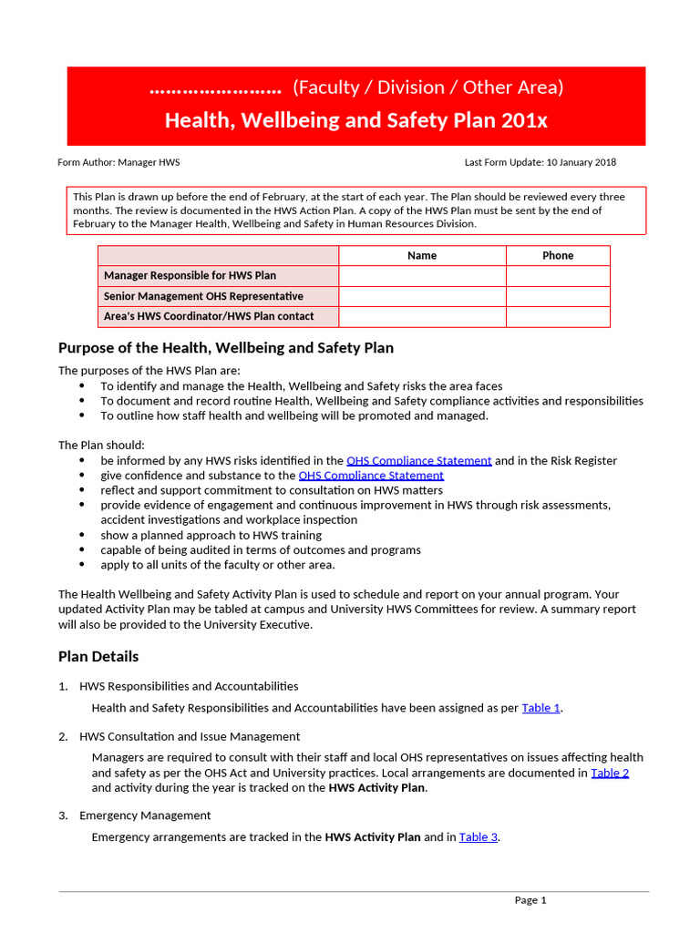Hws Plan Template Pdf Occupational Safety And Health Business
