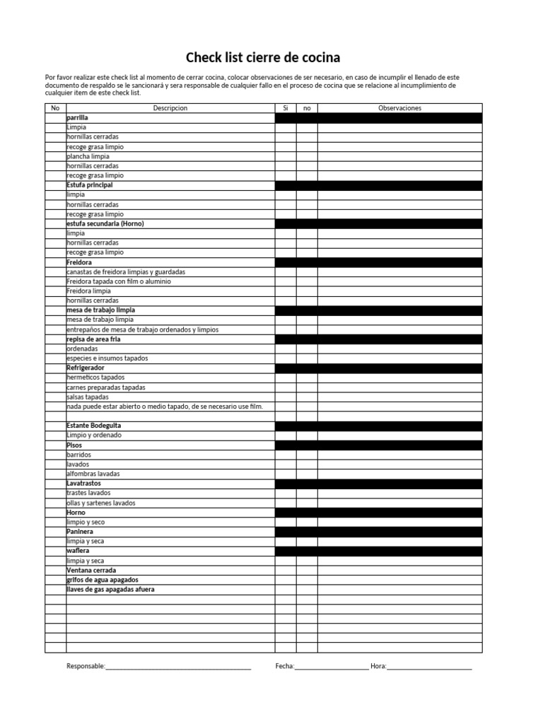 Checklist Cierre y Apertura Cocina | PDF | Estufa de cocina ...