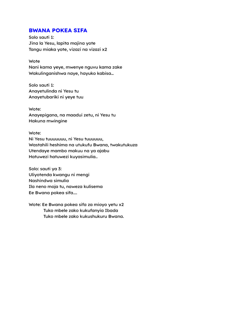 Bwana Pokea Sifa TAC Day Song | PDF