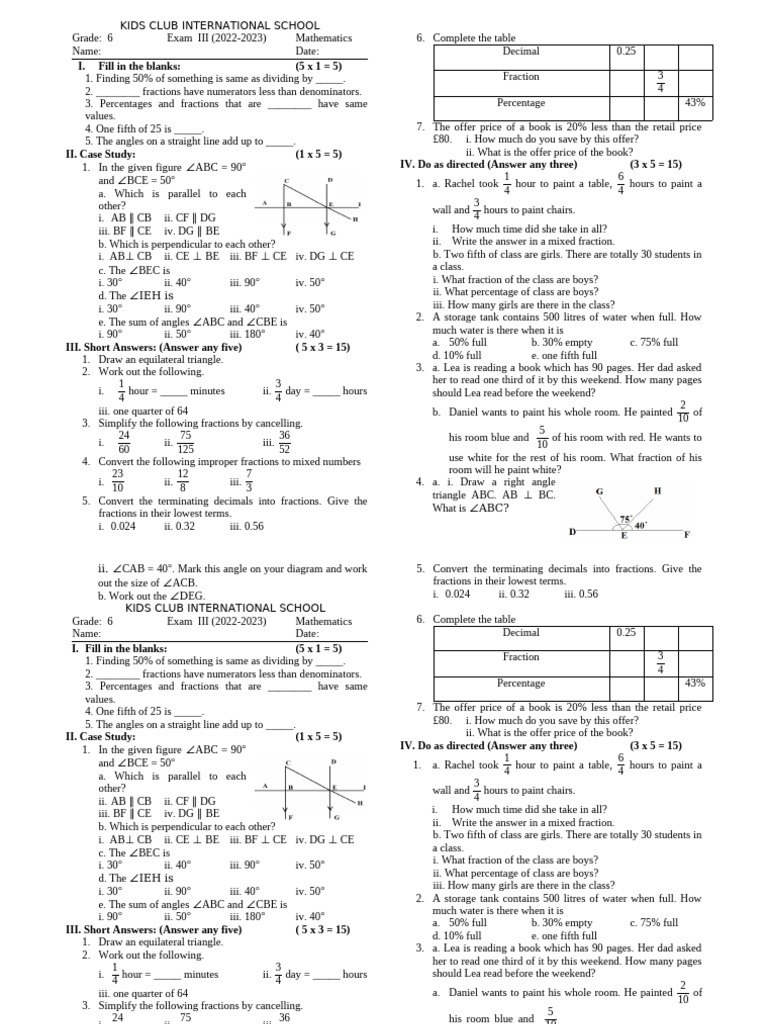 EXAM III QP GRADE 5 | PDF | Elementary Geometry | Elementary Mathematics
