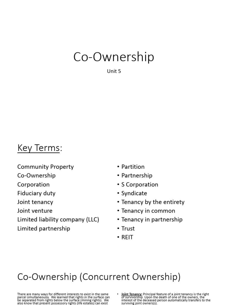 Real Estate Law Unit 5 - Co-Ownership | PDF | Concurrent Estate ...