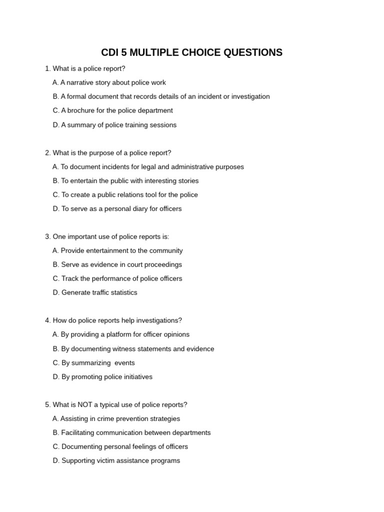 Cdi 5 Multiple Choice Questions B2022 | PDF | Crime Scene | Witness