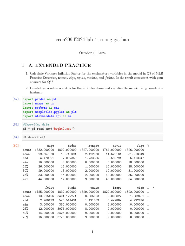 Econ209 f2024 Lab 4 Truong Gia Han | PDF | Coefficient Of Determination | Errors And Residuals