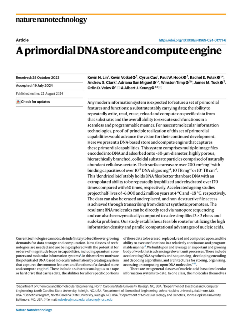 A Primordial DNA Store and Compute Engine: Nature Nanotechnology | PDF ...