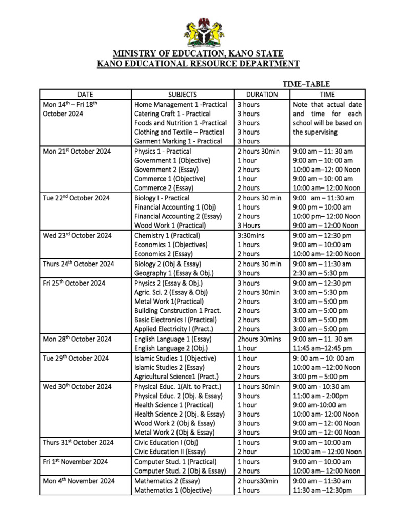 SSQE 2024 Examination Timetable | PDF