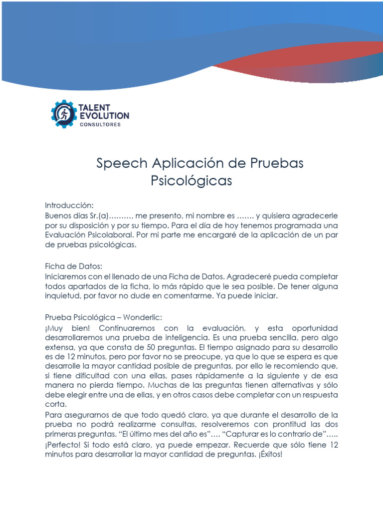 Spech Aplicación de Pruebas Psicológicas | PDF