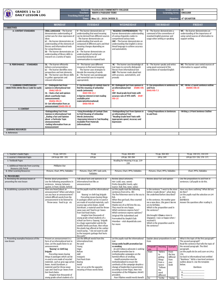 DLL English-4 Q4 W2 | PDF | Learning | Reading Comprehension