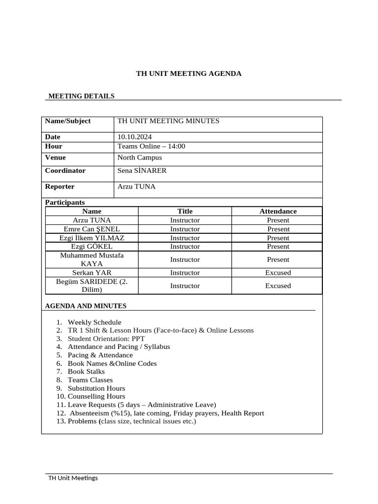 TH Unit Meeting Agenda and Minutes | PDF
