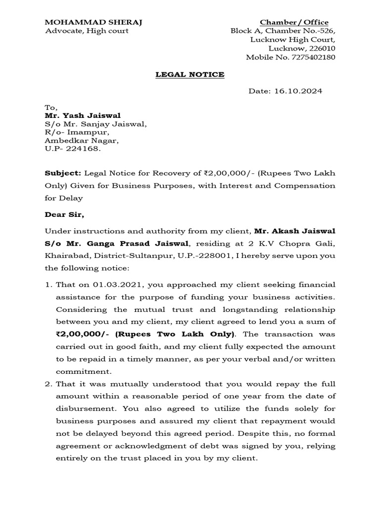 Akash Jaiswal legal notice | PDF | Damages | Common Law