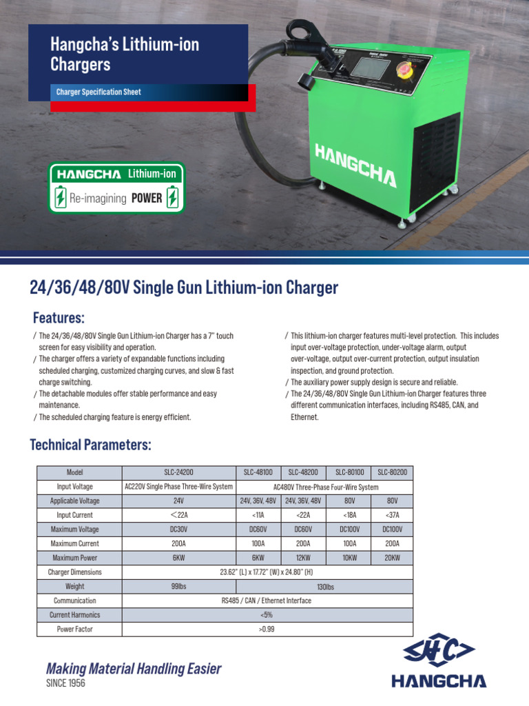 Hangcha SLC Lithium-Ion Chargers Spec Sheet | PDF | Battery Charger ...
