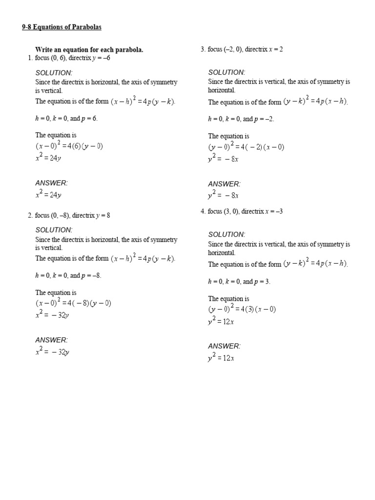 9 8 Equations of Parabolas | PDF | Geometric Shapes | Elementary Geometry