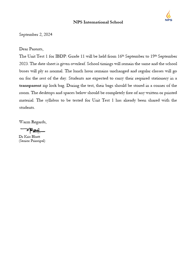 Ibdp - Grade 11 - Unit Test 1 Date Sheet | PDF