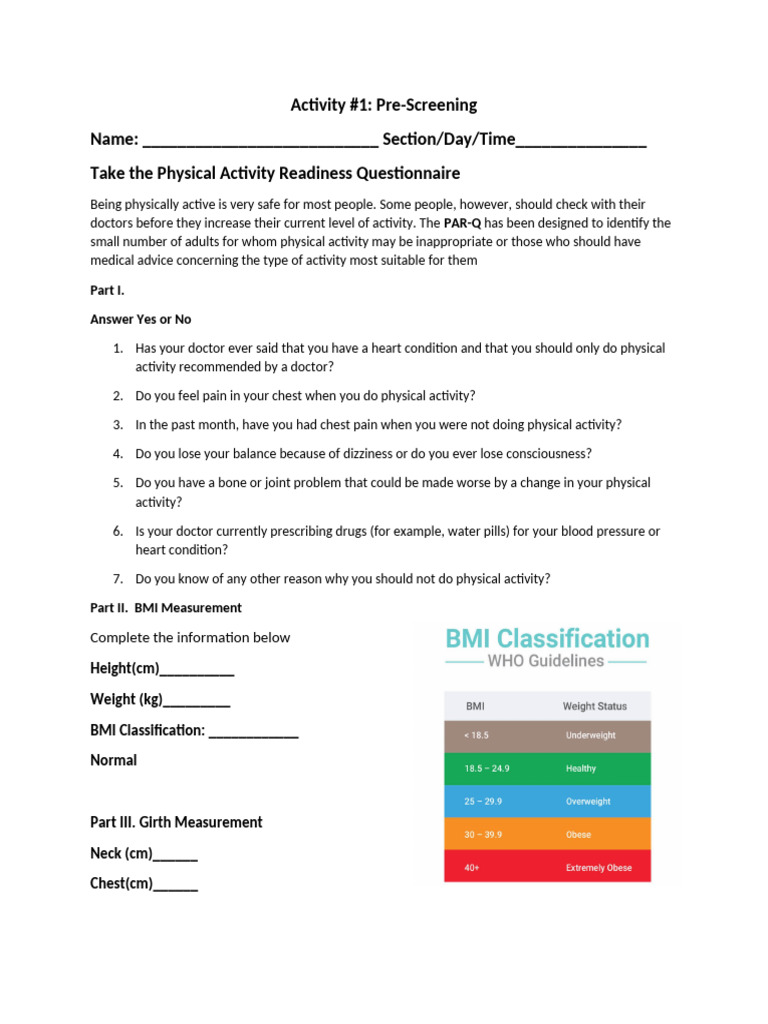PAR-Q Health Questionnaire Template | PDF | Self-Improvement | Wellness