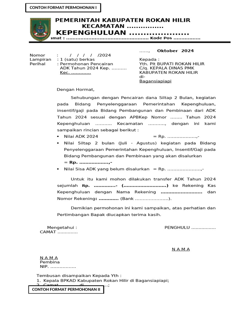 Permohonan Pencairan Siltap 2024 Rokan Hilir | PDF