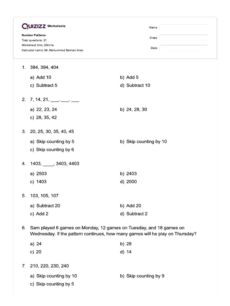 Number Patterns - 03 Q Key | PDF