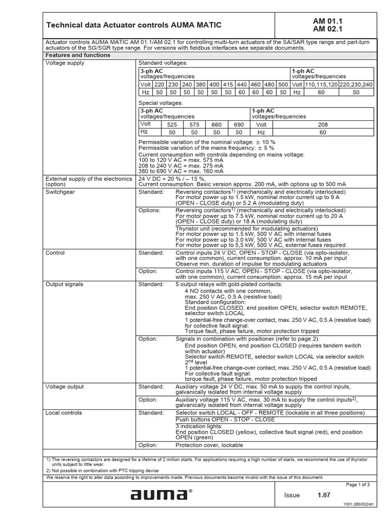 AUMA MATIC Technical Data Sheet | PDF | Alternating Current | Electrical Connector