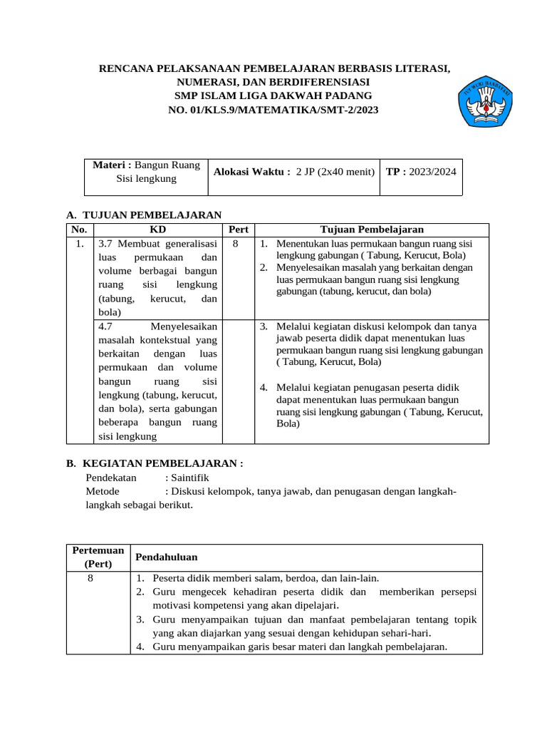 RPP MTK Kelas 9 Sem 2 KD 3.7 Pert 8 | PDF