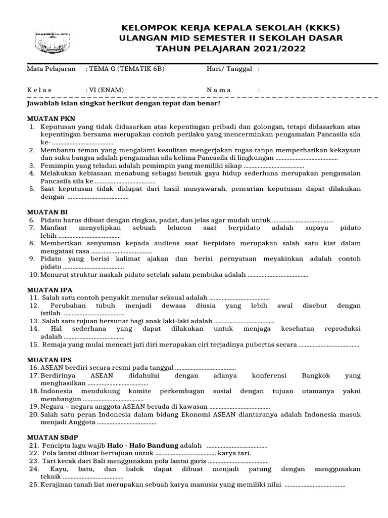 Soal Mid KLS 6 SMSTR 2 (Tematik) Tema G 7 | PDF
