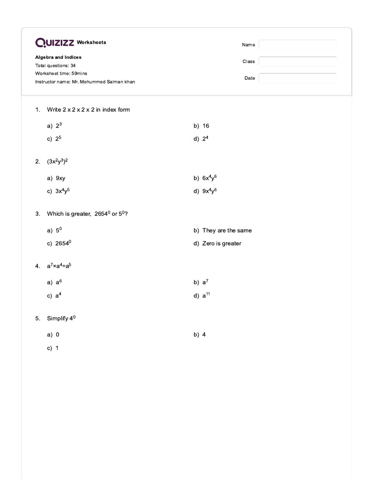 Algebra and Indices - QKey | PDF