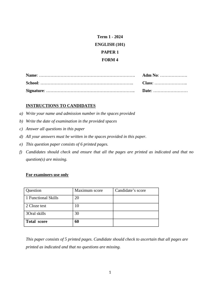 English 101 Term 1 Exam Paper 2024 | PDF | Poetry | Phonetics