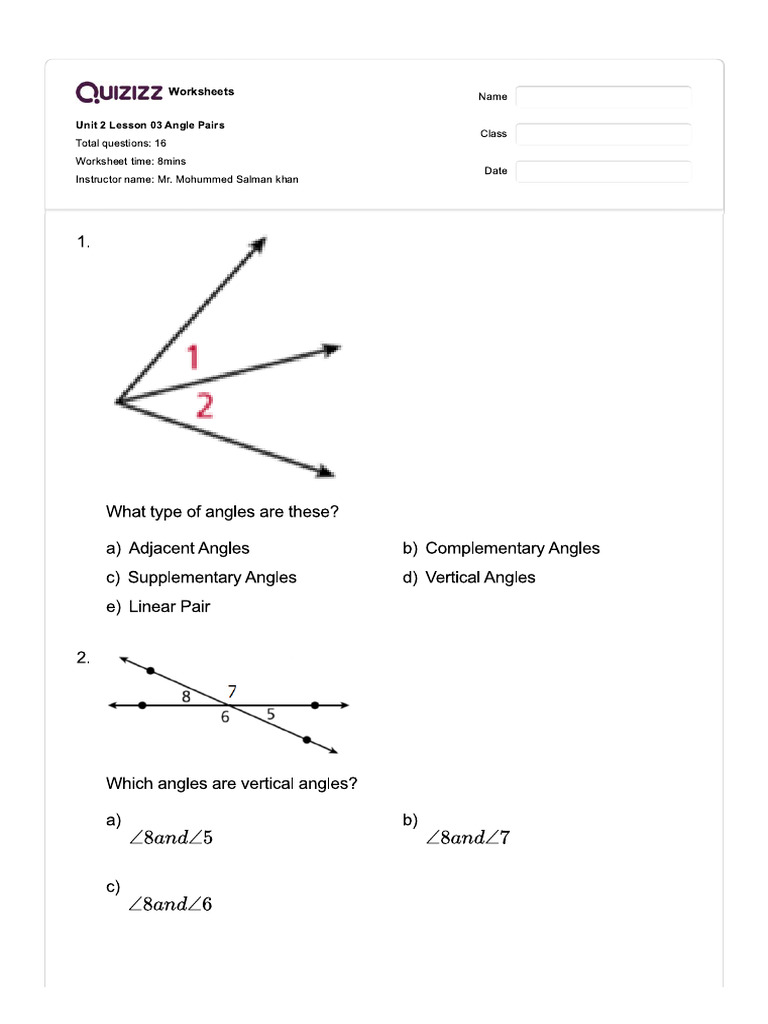 Unit 2 Lesson 03 Angle Pairs - Q Key | PDF