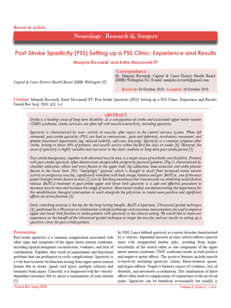 Post-Stroke Spasticity (PSS) Setting up a PSS Clinic: Experience and ...