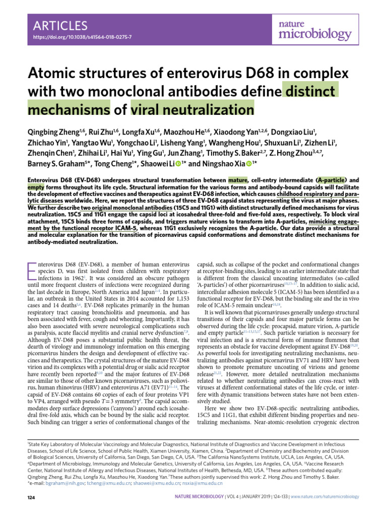 Atomic Structures of Enterovirus D68 in Complex With Two Monoclonal ...