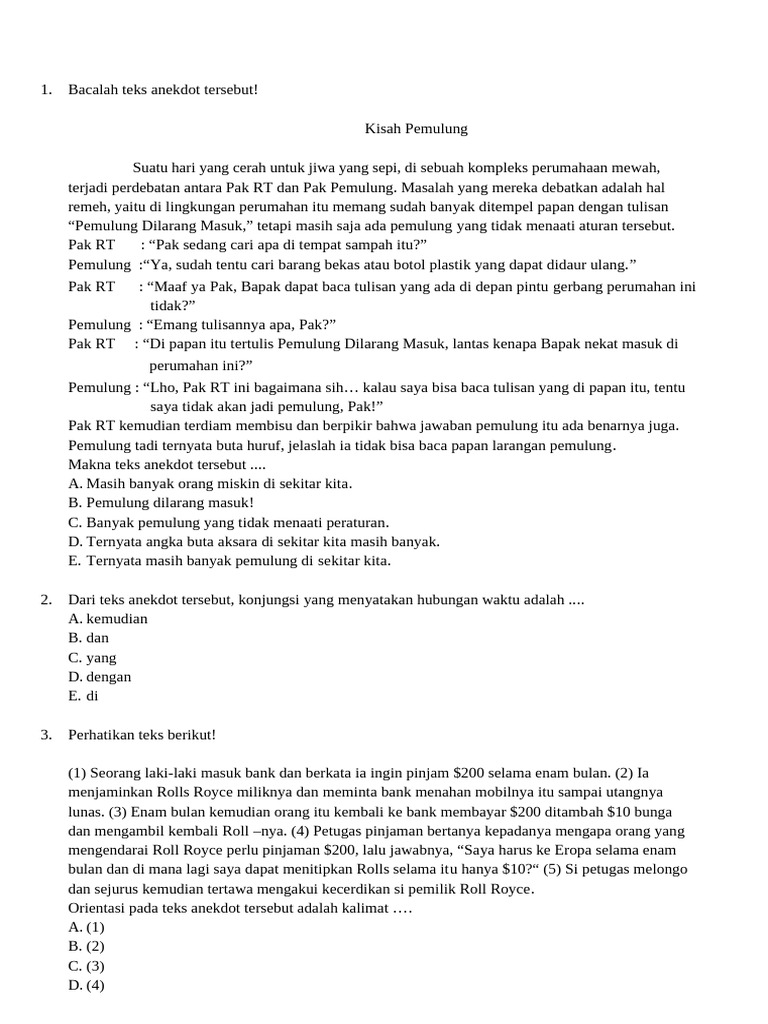 Soal Teks Anekdot Kelas X | PDF