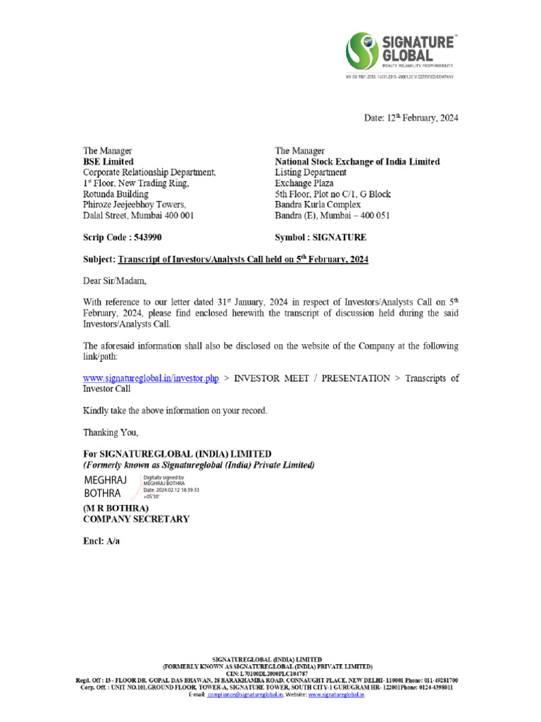 3) Signature Global: (M R Bothra) Company Secretary | PDF | Gross ...