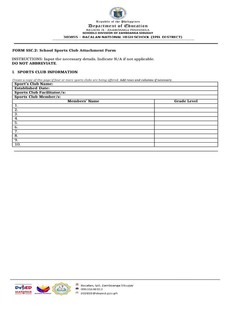 BacalanNHS - Form ssc2 School Sports Club Attachment Form | PDF | Sports