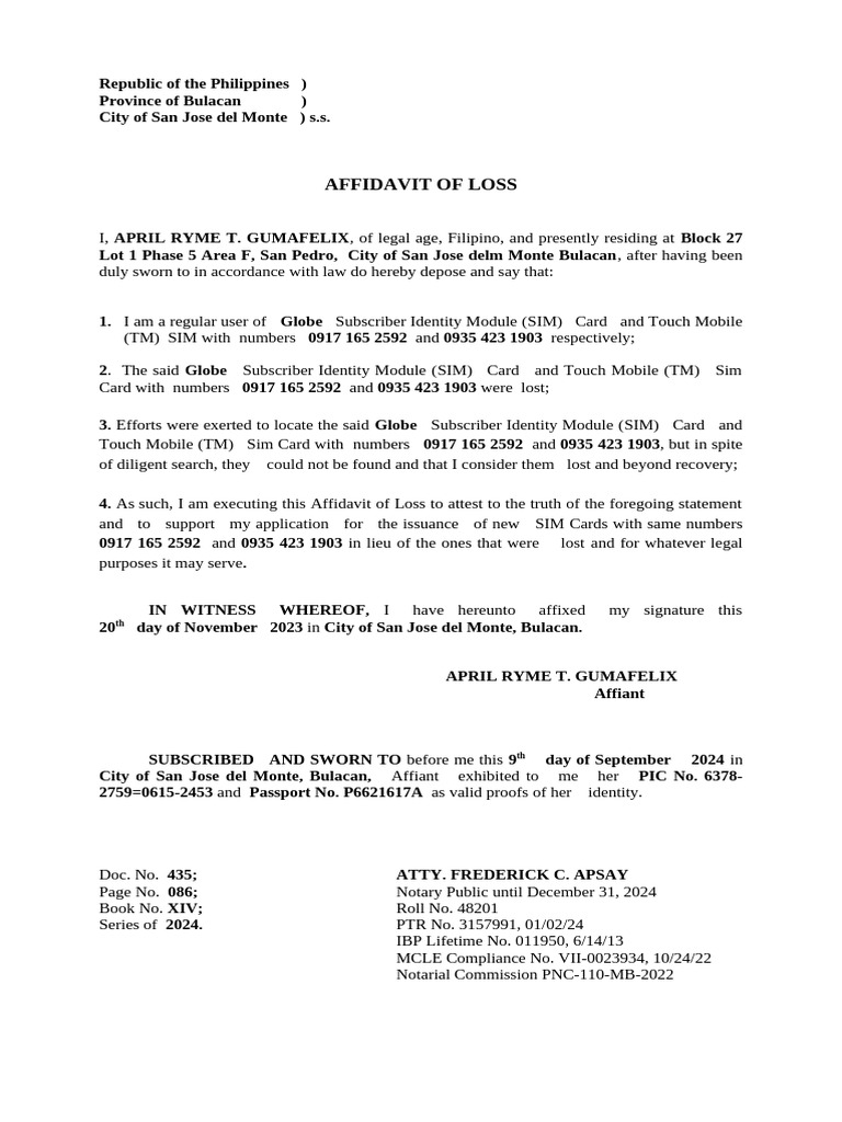 Affidavit of Loss-Sim-Globe | PDF
