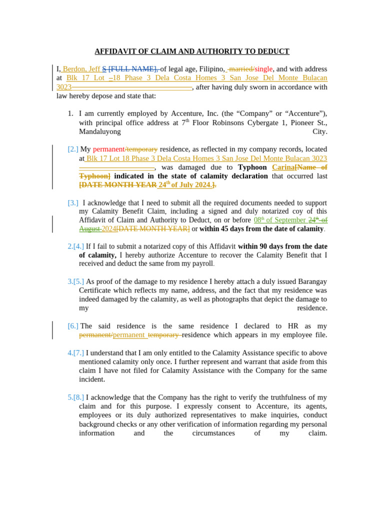 Jeff Berdon - Affidavit of Claim and Authority To Deduct Form | PDF | Affidavit | Civil Law ...