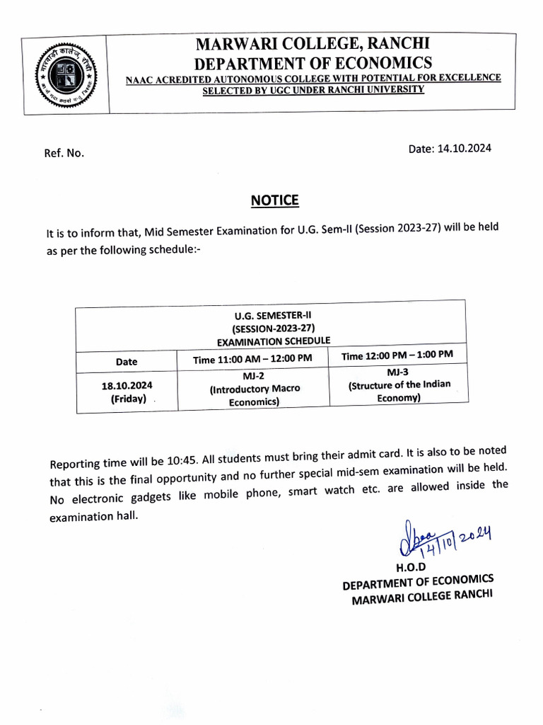 Notice Ragarding Mid Sem Exam Ug Sem 2 | PDF