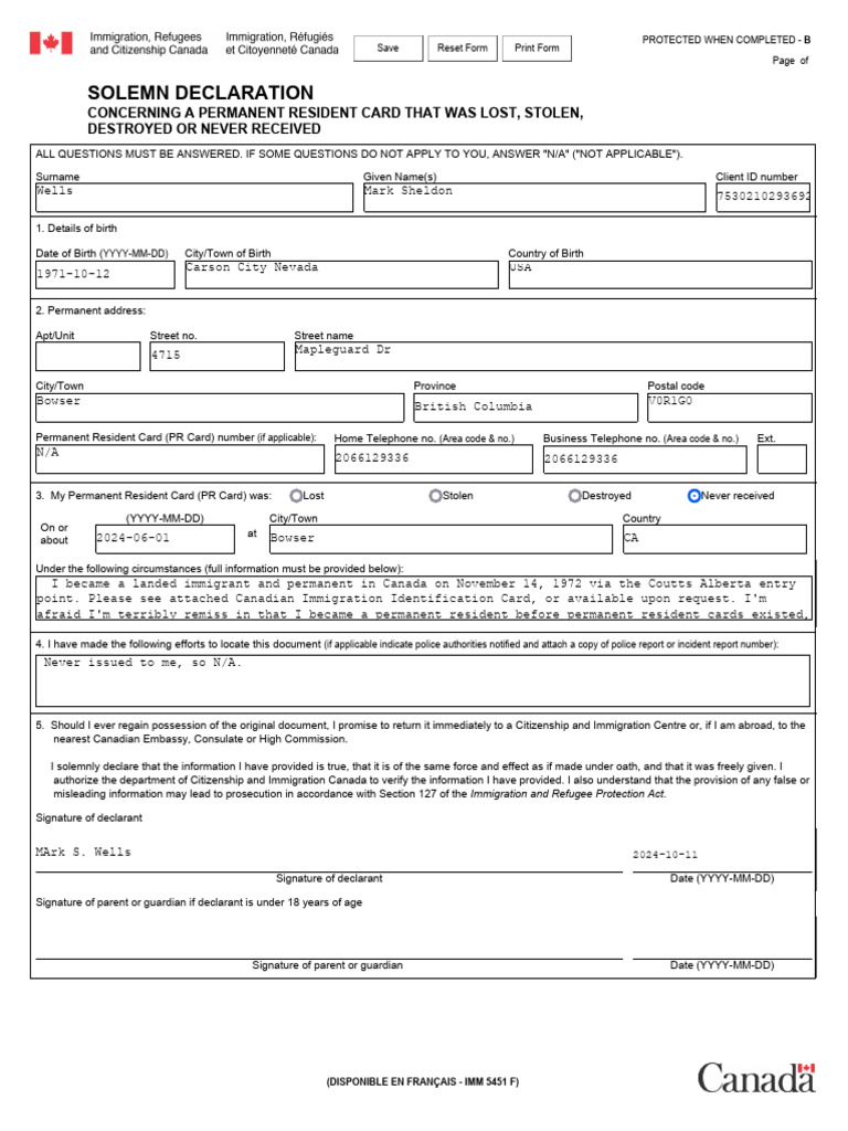 IMM 5451 E - Solemn Declaration - Concerning A Permanent Resident Card That Was Lost, Stolen ...