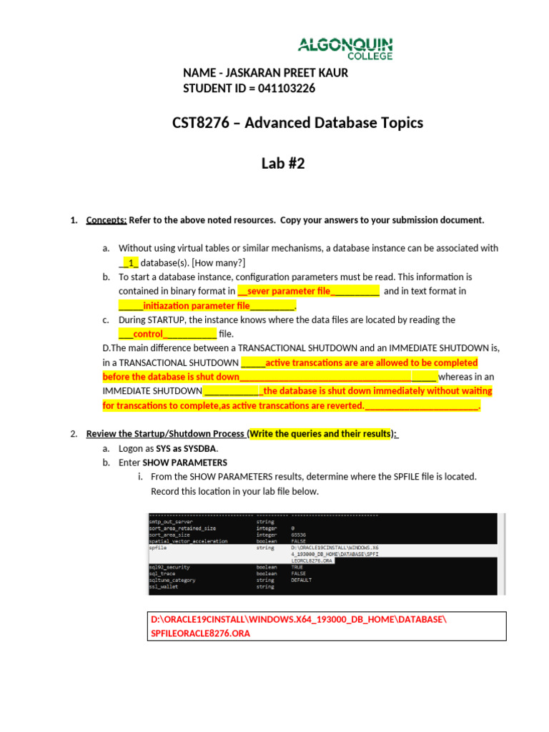 CST8276-Lab02 Oracle Architecture[1] | PDF | Databases | Database Transaction