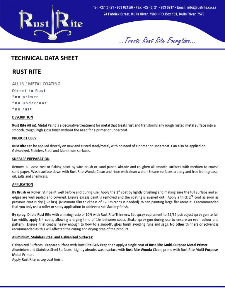 Rust-Rite-Tech-Data-Sheet (All in 1 Metal Coating) | PDF | Paint | Rust