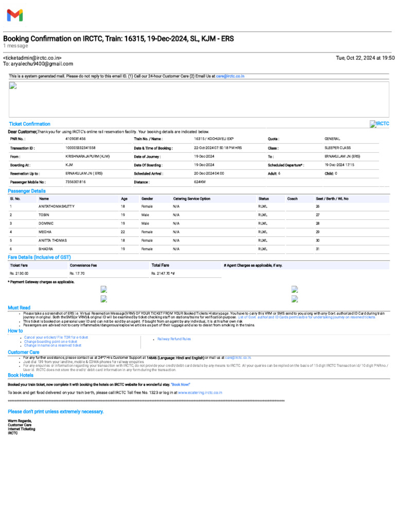 Gmail - Booking Confirmation On IRCTC, Train - 16315, 19-Dec-2024, SL ...