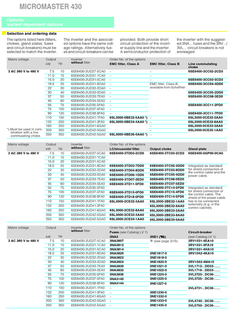 MICROMASTER 430 Inverter Options Guide | PDF | Power Inverter ...
