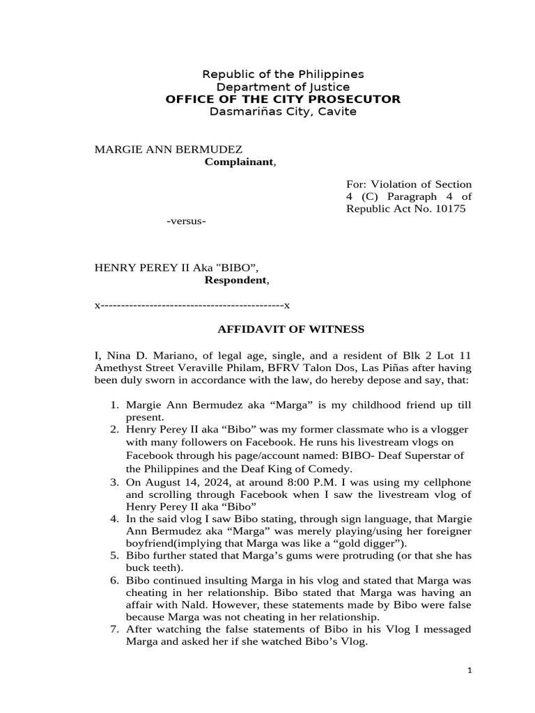 Affidavit of Witness Nina D. Mariano | PDF | Affidavit | Civil Law ...