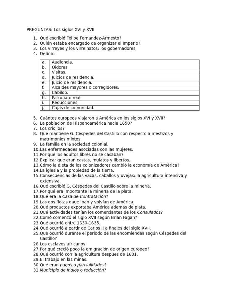 A-1-Preguntas Siglos Xvi-Xvii | PDF