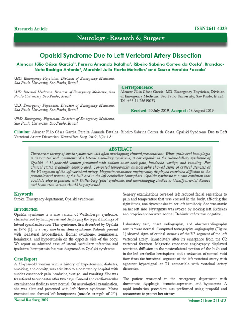 Opalski Syndrome Due To Left Vertebral Artery Dissection | PDF ...