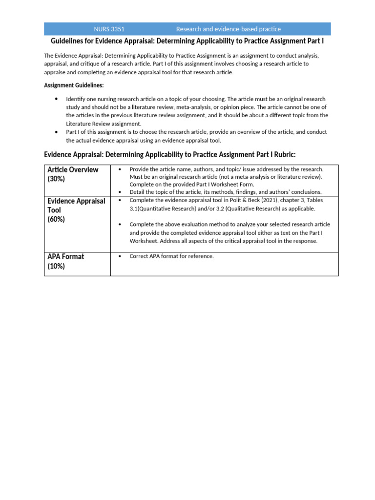 Guidelines For Evidence Appraisal: Determining Applicability To ...