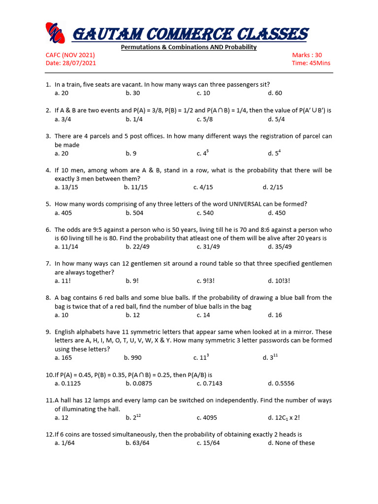 8._Permutations_&_Combinations_AND_Probability | PDF | Odds | Probability