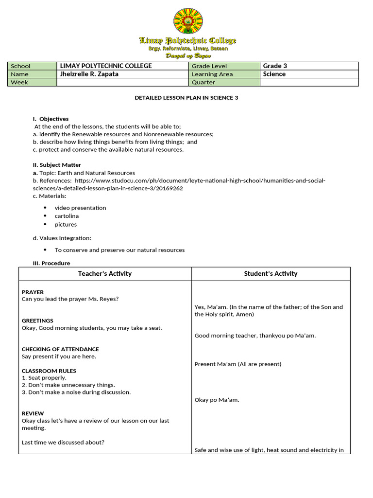Detailed Lesson Plan: Science 3 Resources | PDF | Renewable Resources ...