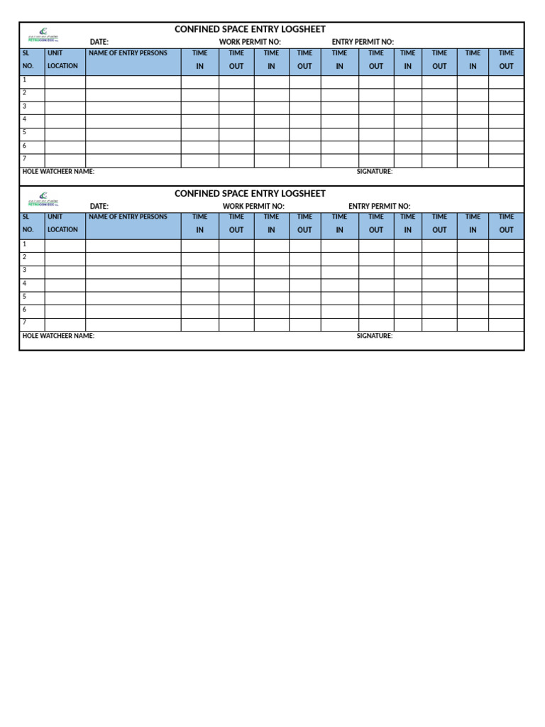 Confined Space Entry Logsheet New | PDF